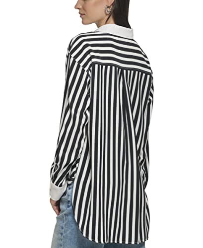 Karl Lagerfeld Paris Women's Soft Long Sleeve Stripe Everyday Fashion Sport Blouse, Black SFT White, Large