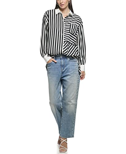 Karl Lagerfeld Paris Women's Soft Long Sleeve Stripe Everyday Fashion Sport Blouse, Black SFT White, Large