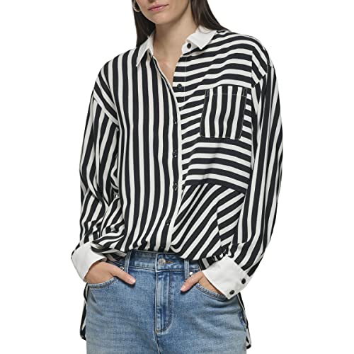 Karl Lagerfeld Paris Women's Soft Long Sleeve Stripe Everyday Fashion Sport Blouse, Black SFT White, Large