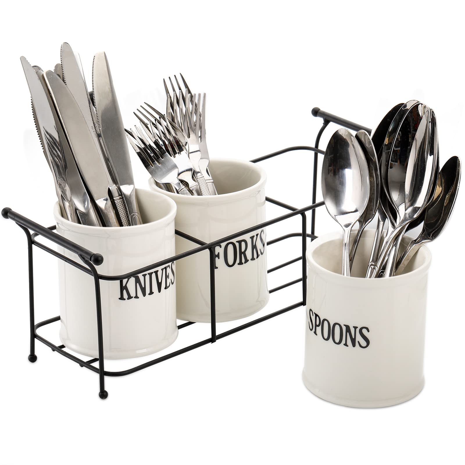 Bekith 3-Piece White Ceramic Silverware Caddy with Black Metal Rack, Utensil Holder Flatware Caddy Cutlery Storage Organizer for Kitchen Table, Cabinet or Pantry