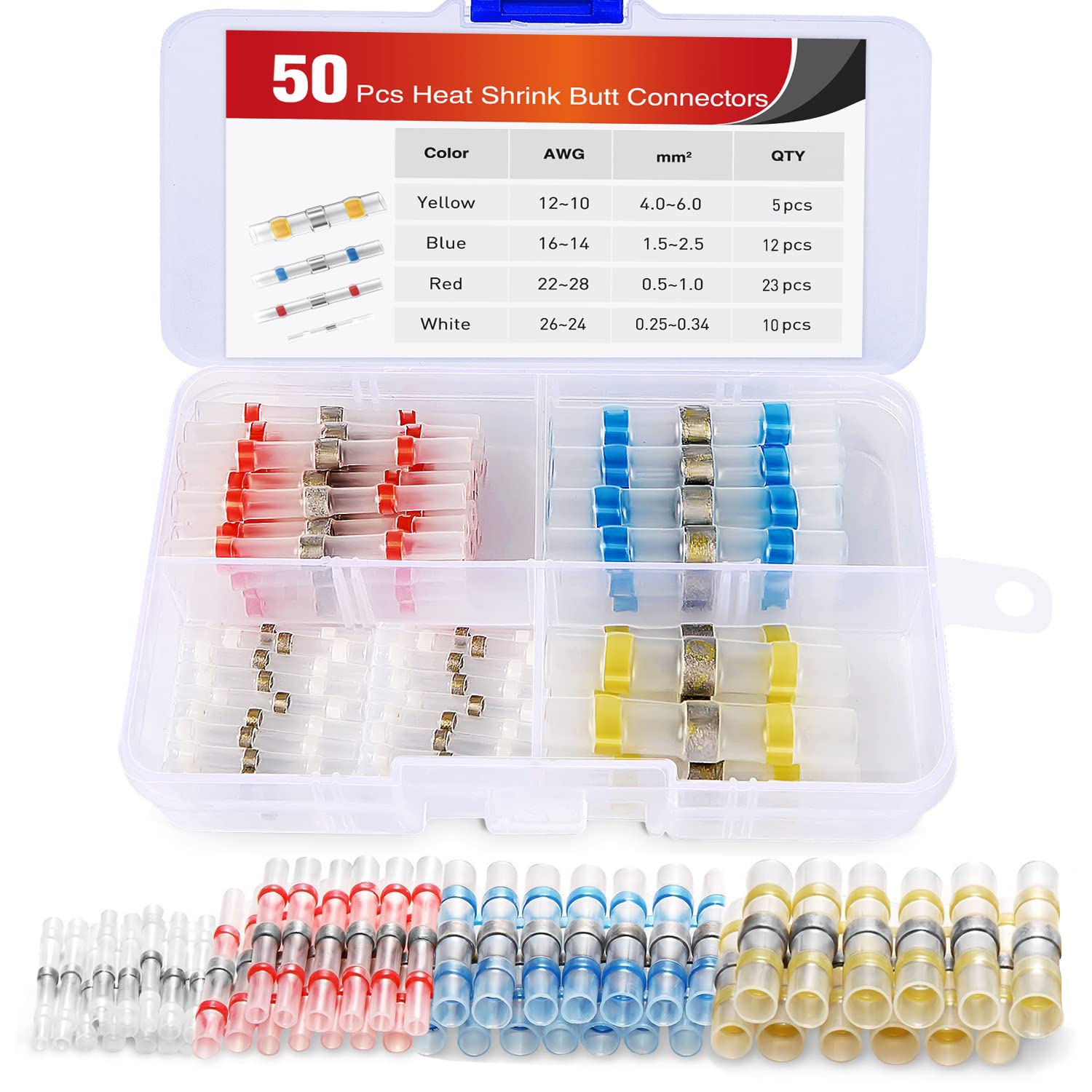Nilight - 50025R 50pcs Solder Seal Wire Connector, Solder Seal Heat Shrink Butt Connectors,Electrical Waterproof Insulated Marine Automotive Copper(23Red 12Blue 10White 5Yellow),2 Years Warranty