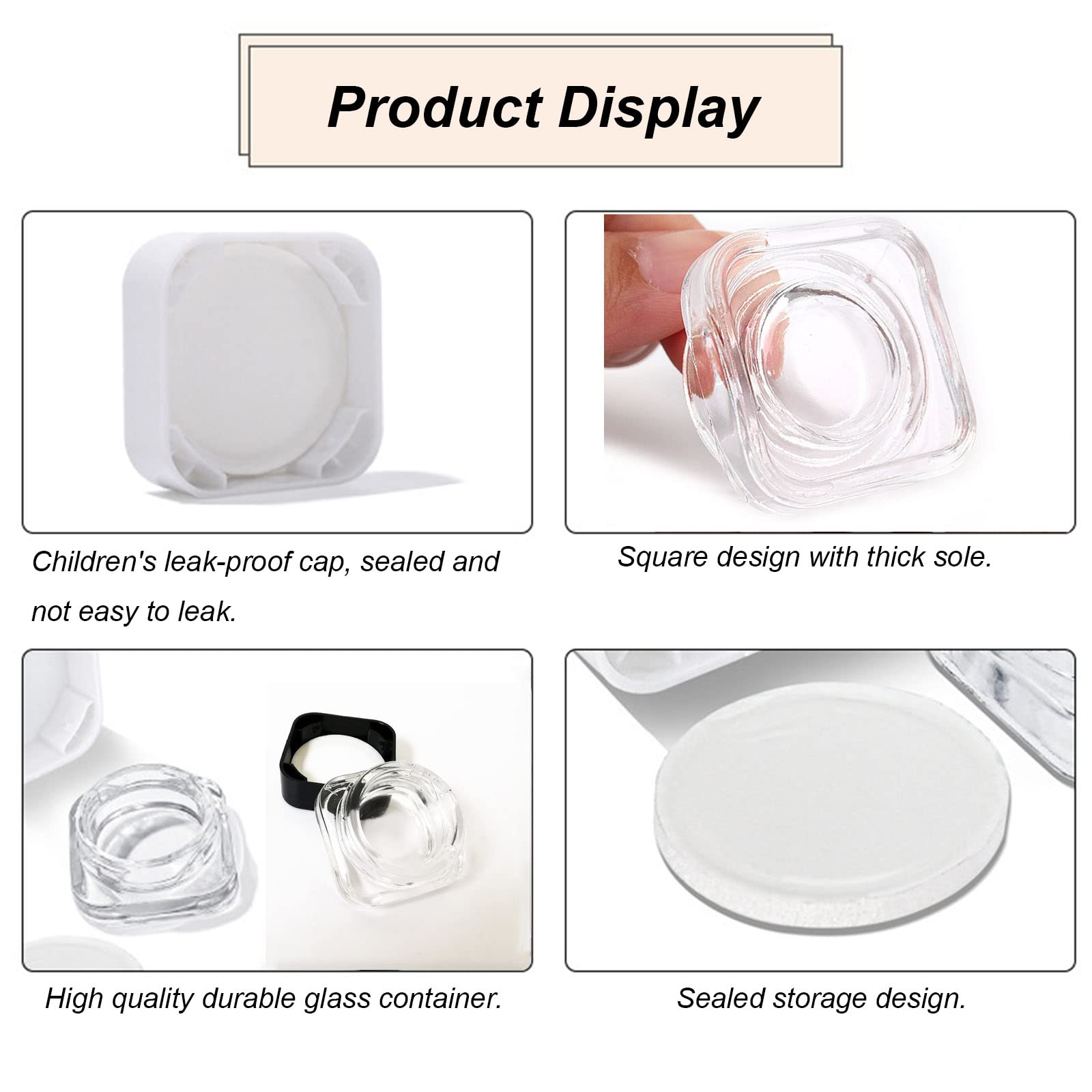 100 Pcs 7g/7ml Mini Square Clear Concentrate Jars with Lids, 2023 BPA Free, Small Thick Bottom Cosmetic Sample Glass Empty Container, for Make Up, Paint, Lip Balms, Cosmetics, Ointments (1-Black)