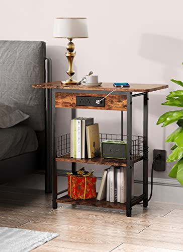 GiveBest End Table with Charging Station, Narrow Side Table with Cloth Drawer and Open Storage, Sofa Table with USB Ports and Outlets, Slim Bedside Table with Open Shelves for Living Room, Office