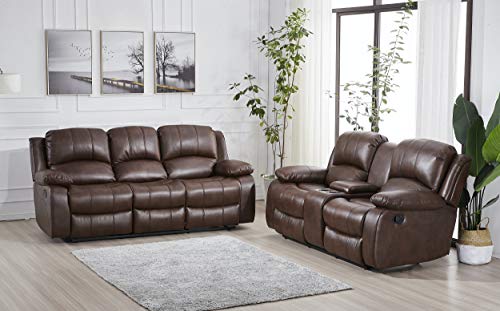 Betsy Furniture 2PC Bonded Leather Recliner Set Living Room Set, Sofa, Loveseat 8018 (Brown, Living Room Set 3+2)