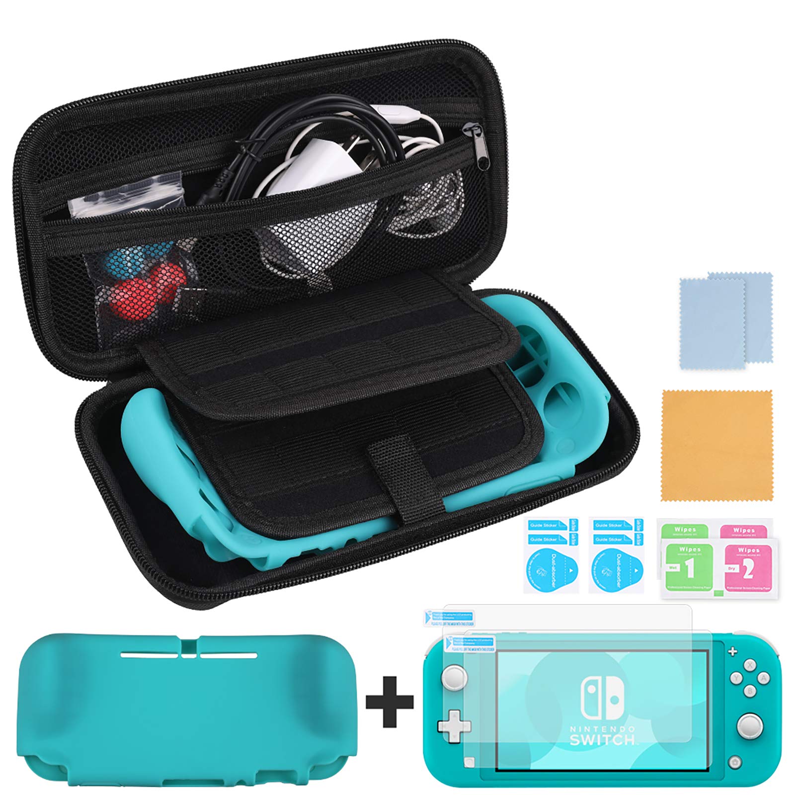 Zacro Carrying Case kits for Nintendo Switch Lite, can Store 20 Game Cassettes, include 1 Silicone Grip Protector, 2 HD screen protectors, 1 Type-C Charging Cable and 2 pairs Handle Caps