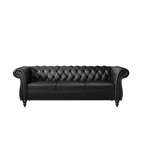 AVZEAR Leather Sofa 3 Seater Couch, Large Sofa Furniture Roll Arm Classic Tufted Chesterfield Settee Leather Sofa with Channel Tufted Seat Back for Living Room, Black PU