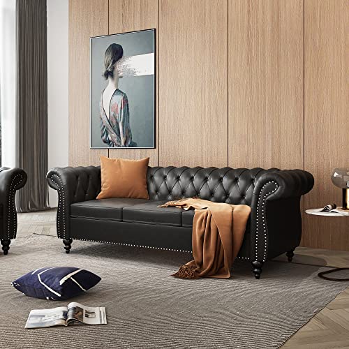 AVZEAR Leather Sofa 3 Seater Couch, Large Sofa Furniture Roll Arm Classic Tufted Chesterfield Settee Leather Sofa with Channel Tufted Seat Back for Living Room, Black PU