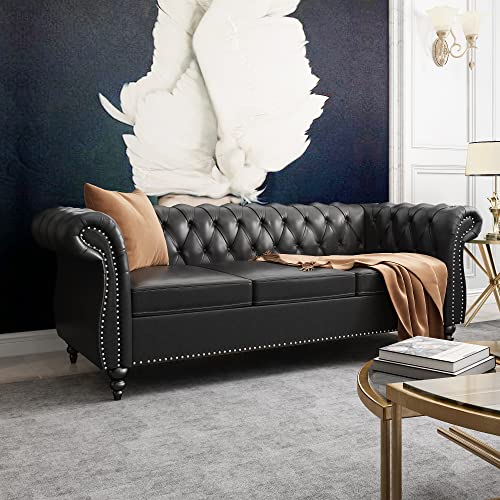 AVZEAR Leather Sofa 3 Seater Couch, Large Sofa Furniture Roll Arm Classic Tufted Chesterfield Settee Leather Sofa with Channel Tufted Seat Back for Living Room, Black PU