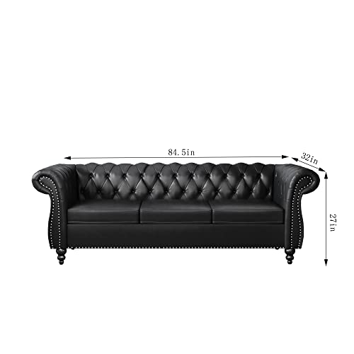AVZEAR Leather Sofa 3 Seater Couch, Large Sofa Furniture Roll Arm Classic Tufted Chesterfield Settee Leather Sofa with Channel Tufted Seat Back for Living Room, Black PU