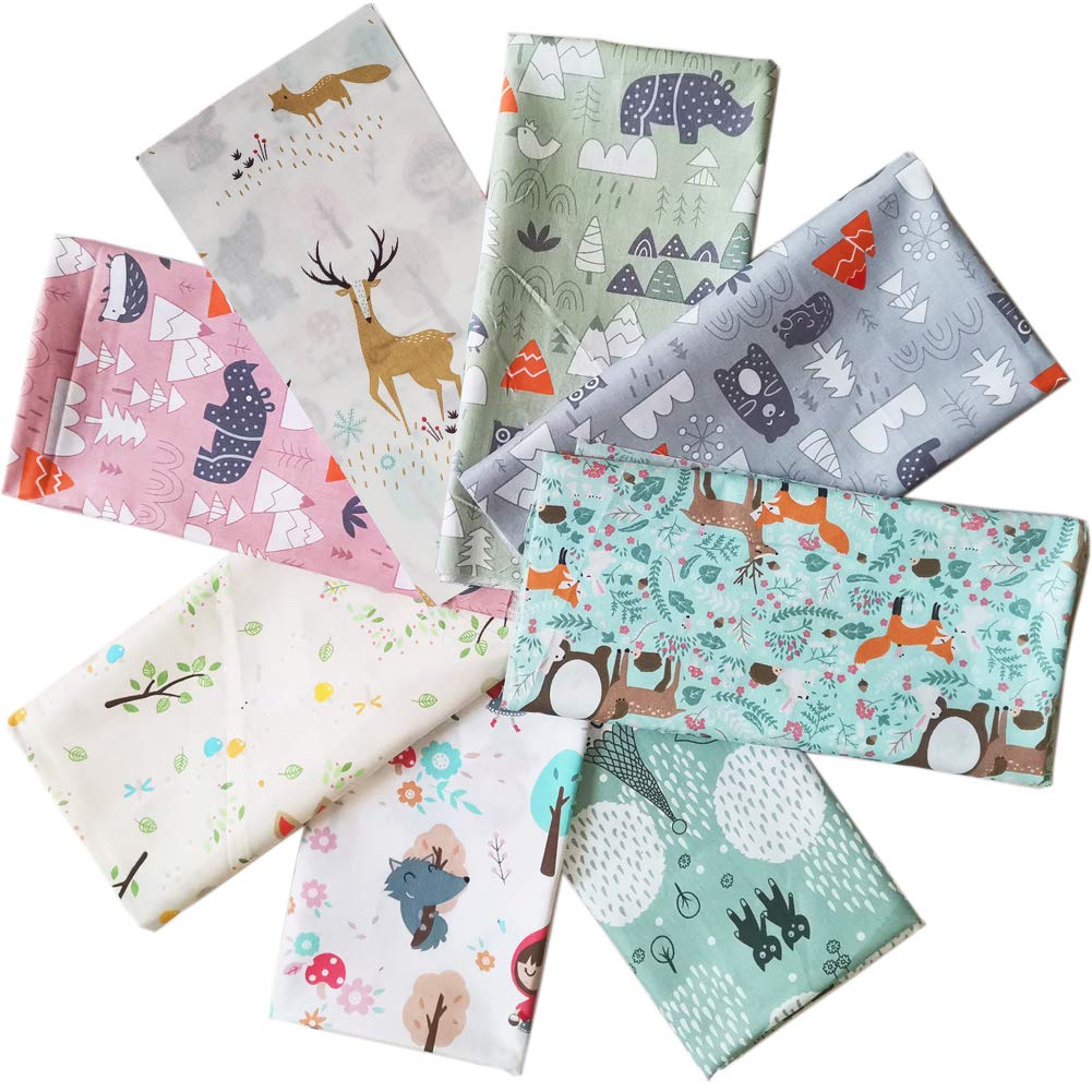 ZGXY Fabric, 8 pcs/lot Fat Quarter Fabric Bundles 100% Cotton 19.69'' x 19.69'' (50 x 50cm) Quilting Cotton Craft Fabric Pre-Cut Squares Sheets for Patchwork Sewing Quilting Crafting, Forest Pattern.