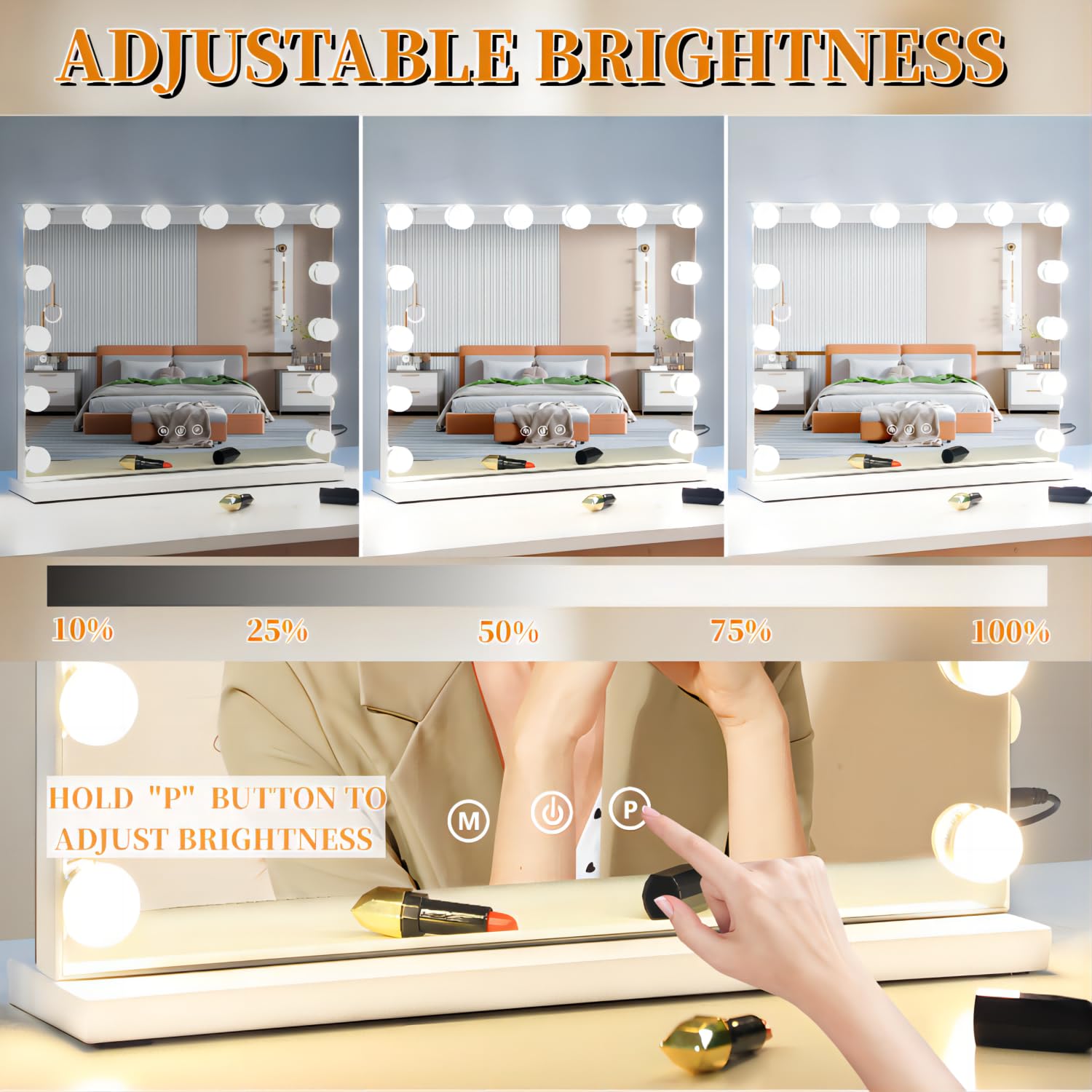 NUSVAN Vanity Mirror with Lights Lighted Makeup Mirror with Dimmable LED Bulbs,3 Color Lighting Modes,USB Charging Port Touch Control,Sturdy Metal Frame Design,White (50x40cm, 4.70)