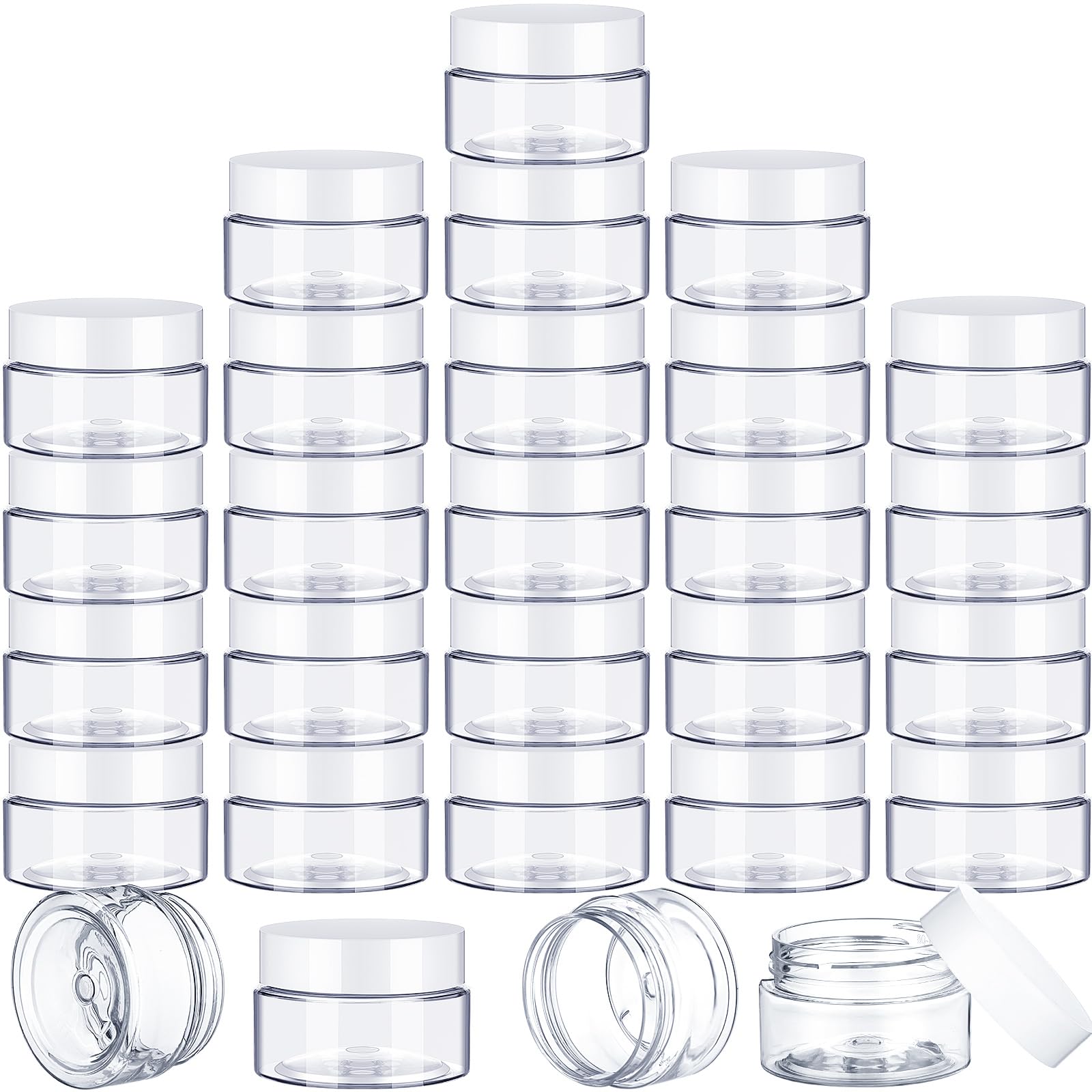 SATINIOR 100 Pcs Plastic Jars with Lids Small Containers Lids Wide Mouth Small Plastic Containers for Lotion Cream Rhinestones Body Butters Travel Storage(1 oz,Clear with White Lid)
