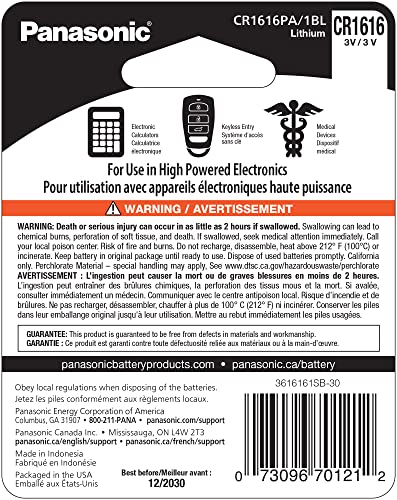 Panasonic CR1616 3.0 Volt Long Lasting Lithium Coin Cell Batteries in Child Resistant, Standards Based Packaging, 1-Battery Pack