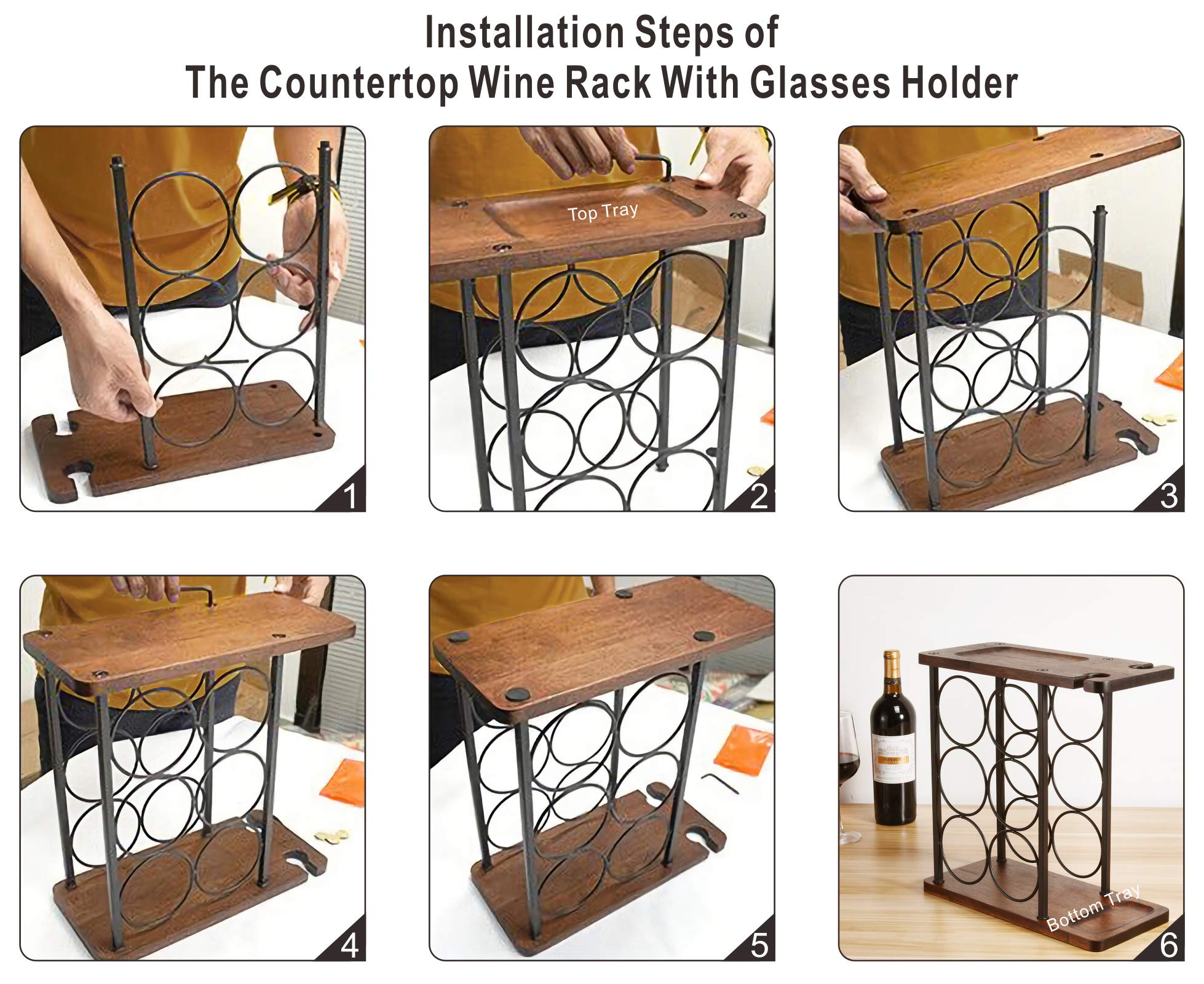 ALLCENER Wine Rack with Glass Holder, Countertop Wine Rack, Wooden Wine Holder with Tray, Perfect for Home Decor & Kitchen Storage Rack etc (Hold 6 Bottles and 2 Glasses )