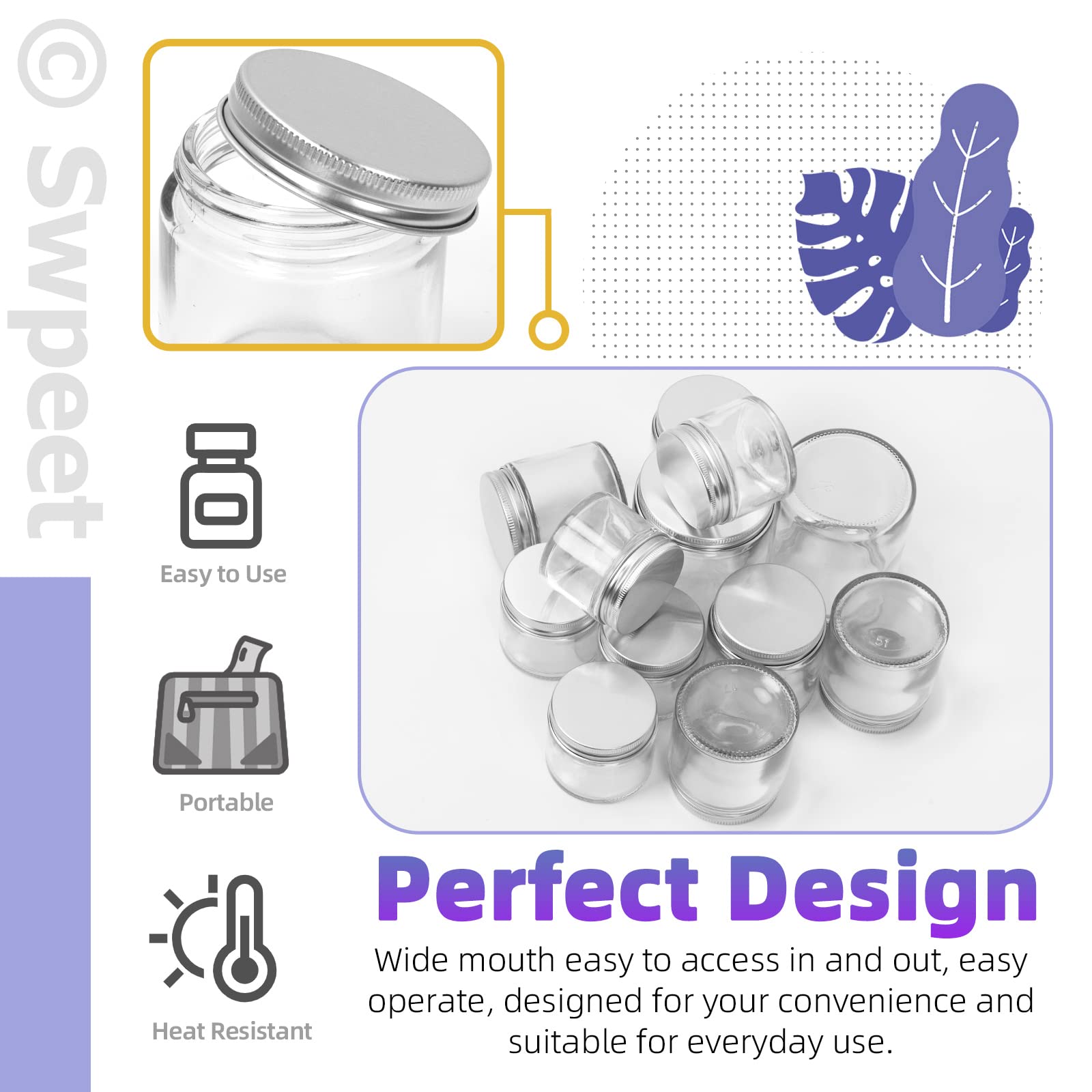 Swpeet 15 Packs 2 oz - 60ML Transparent Glass Jar with Silver Lid Assortment Kit, Round Containers Cosmetic Glass Jars with Lids Travel Jars Cosmetic Containers for Cream, Lotion