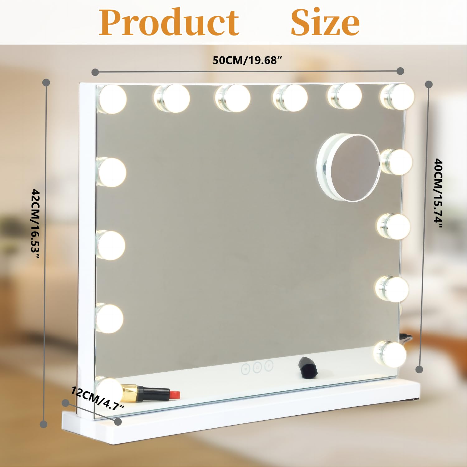 NUSVAN Vanity Mirror with Lights Lighted Makeup Mirror with Dimmable LED Bulbs,3 Color Lighting Modes,USB Charging Port Touch Control,Sturdy Metal Frame Design,White (50x40cm, 4.70)