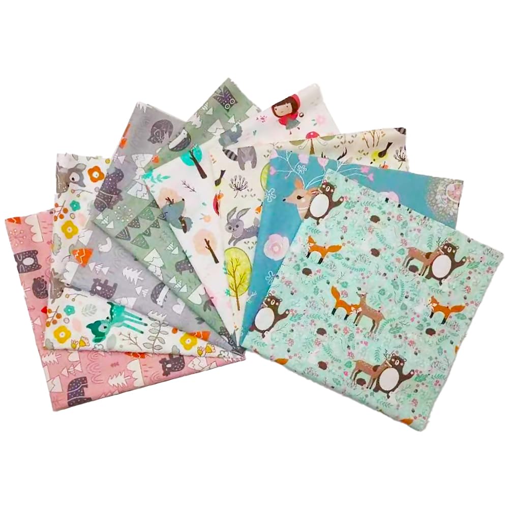 ZGXY Fabric, 8 pcs/lot Fat Quarter Fabric Bundles 100% Cotton 19.69'' x 19.69'' (50 x 50cm) Quilting Cotton Craft Fabric Pre-Cut Squares Sheets for Patchwork Sewing Quilting Crafting, Forest Pattern.