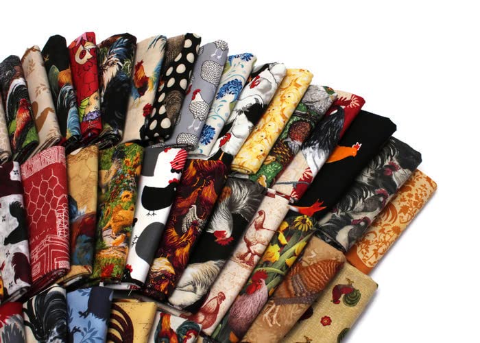 10 Assorted Fat Quarters - Chickens Roosters Hens Chicks Hen Fowl Birds Farm Farming Poultry Quality Cotton Fat Quarter Bundle
