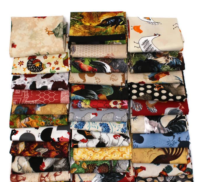 10 Assorted Fat Quarters - Chickens Roosters Hens Chicks Hen Fowl Birds Farm Farming Poultry Quality Cotton Fat Quarter Bundle
