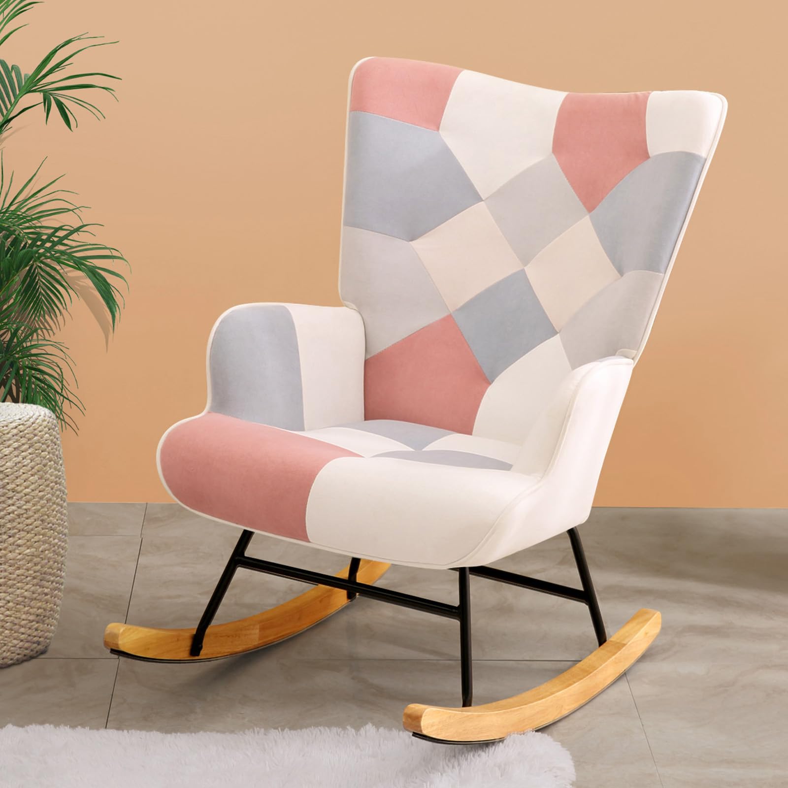 Tatub Rocking Chair Nursery, Upholstered Rocking Chair Indoor with High Backrest and Wooden Base, Modern Glider Chair for Nursery, Living Room, Bedroom, Office (Patchwork Linen Pink)