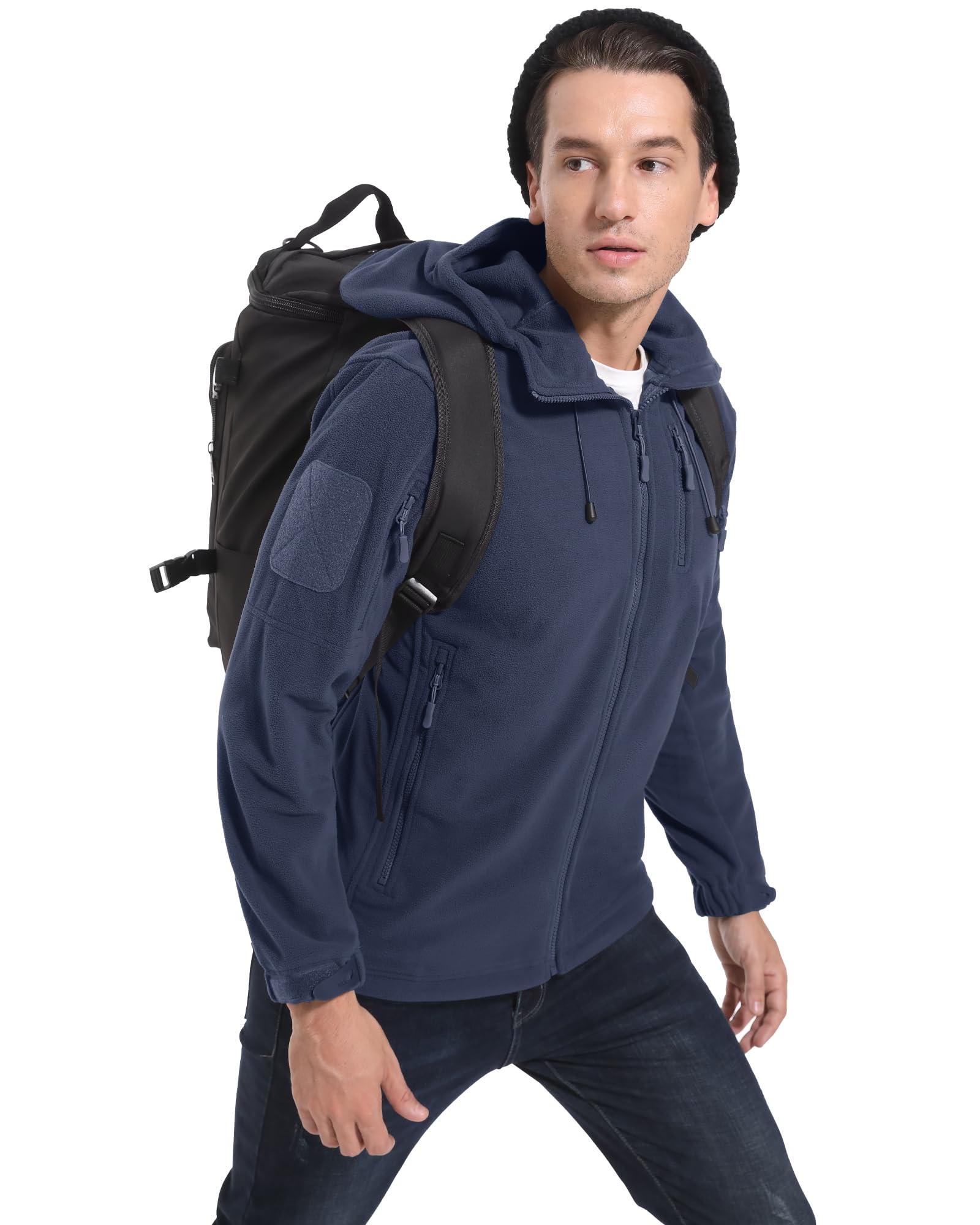 CRYSULLY Fleece Jacket for Men Winter Warm Windproof Coat with 5 Zip Pockets Navy Blue L