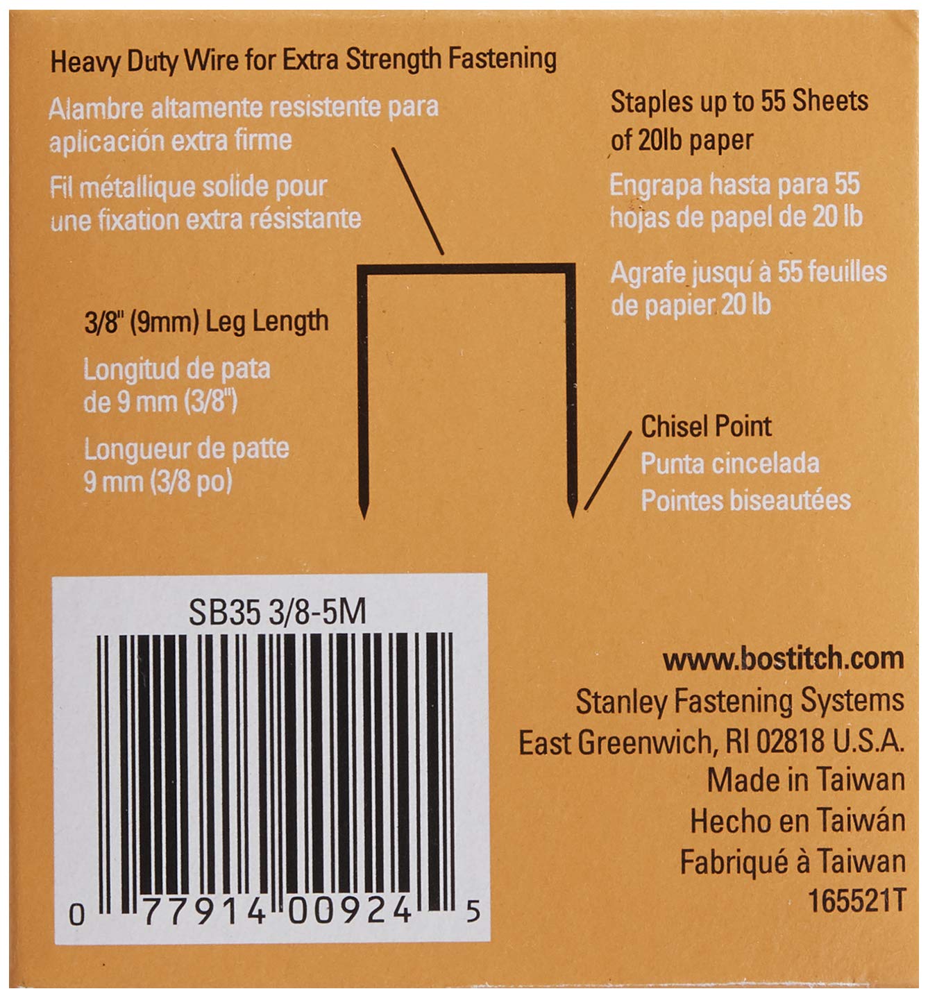 Bostitch Heavy Duty Premium Staples, 25-55 Sheets, 0.375 Inch Leg, 5,000 Per Box (SB353/8-5M)
