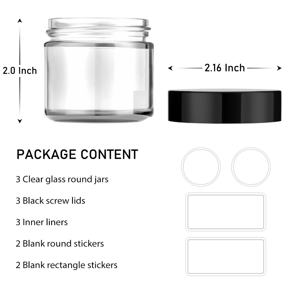 2 oz Glass Jars with Lids, Bumobum 3 pack Clear Small Jar with Black Lids, Blank Labels & Inner Liners, 60 ml Empty Round Cosmetic Containers for Sample, Powder, Cream, Lotion, Spice