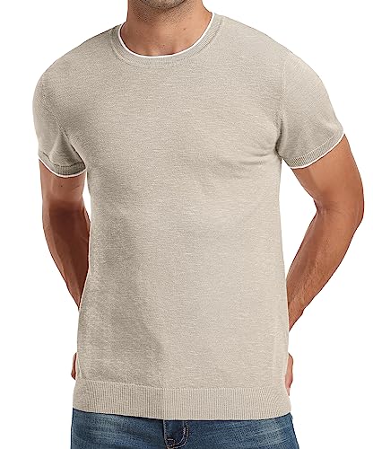 Sailwind Mens Linen Knit T-Shirt Short Sleeve Crew Neck Contrast Trim Tee Shirt