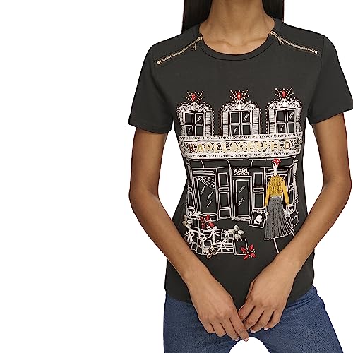Karl Lagerfeld Paris Women's Logo Tee Zipper Shoulder Detail Short Sleeve, Black