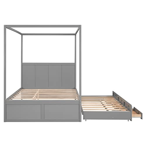 Harper & Bright Designs Queen Canopy Bed with Trundle and Three Storage Drawers, Solid Wood 4-Post Canopy Platform Bed Frame with Headboard and Slat Support, No Box Spring Needed (Queen Size, Gray)