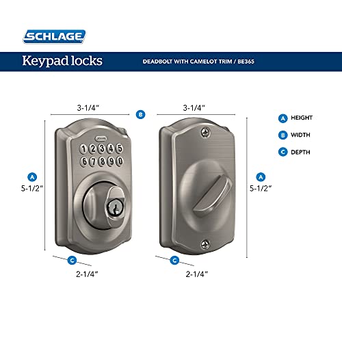 Schlage BE365 CAM 626 Camelot Keypad Deadbolt, Electronic Keyless Entry Lock, Satin Chrome