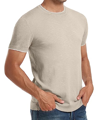 Sailwind Mens Linen Knit T-Shirt Short Sleeve Crew Neck Contrast Trim Tee Shirt