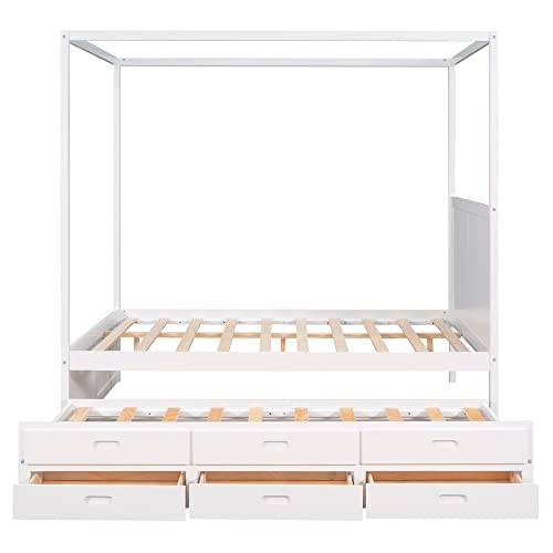Harper & Bright Designs Queen Canopy Bed with Trundle and Three Storage Drawers, Solid Wood 4-Post Canopy Platform Bed Frame with Headboard and Slat Support, No Box Spring Needed (Queen Size, White)