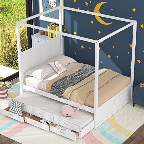Harper & Bright Designs Queen Canopy Bed with Trundle and Three Storage Drawers, Solid Wood 4-Post Canopy Platform Bed Frame with Headboard and Slat Support, No Box Spring Needed (Queen Size, White)