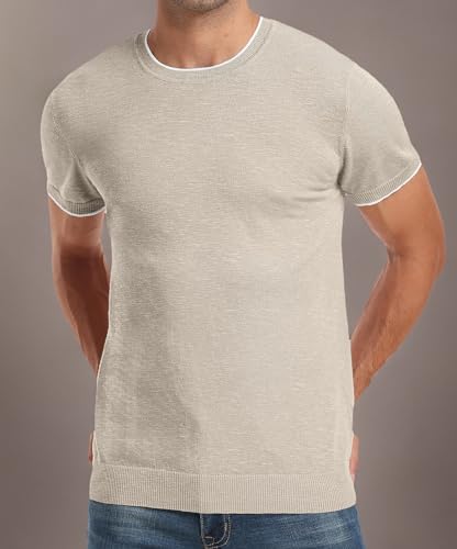 Sailwind Mens Linen Knit T-Shirt Short Sleeve Crew Neck Contrast Trim Tee Shirt