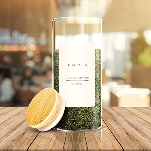 Decorium Interiors Bamboo Spice Jars (10 Pack, 6oz) – Glass Jars with Bamboo Lids - Spice Containers with Bamboo Lids w/ 105 Pre-Printed Labels – Lead-Free Bamboo Jars for Storing Spices & More