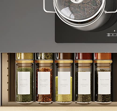Decorium Interiors Bamboo Spice Jars (10 Pack, 6oz) – Glass Jars with Bamboo Lids - Spice Containers with Bamboo Lids w/ 105 Pre-Printed Labels – Lead-Free Bamboo Jars for Storing Spices & More