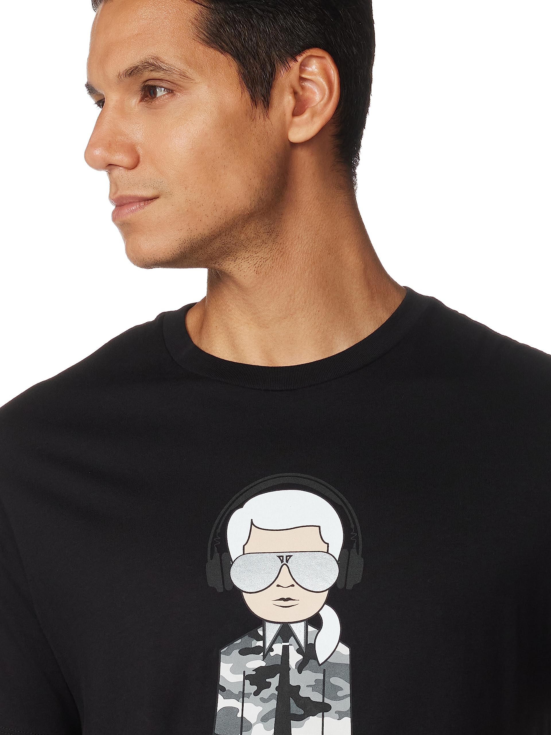 Karl Lagerfeld Paris mens Reflective Karl Chacracter With Headphones Short Sleeve Crew Neck T-shirt T Shirt, Black, Large US
