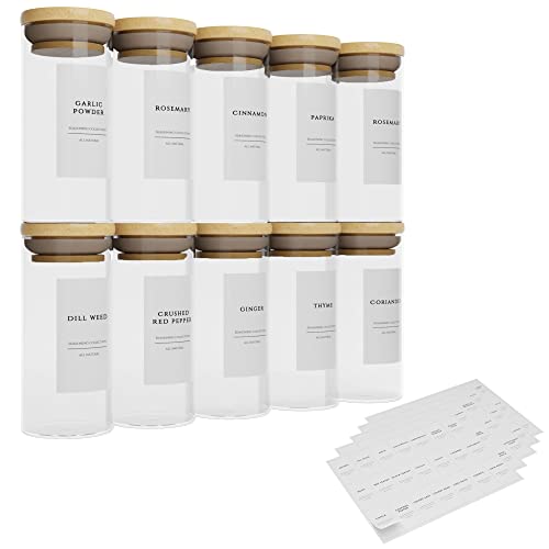 Decorium Interiors Bamboo Spice Jars (10 Pack, 6oz) – Glass Jars with Bamboo Lids - Spice Containers with Bamboo Lids w/ 105 Pre-Printed Labels – Lead-Free Bamboo Jars for Storing Spices & More