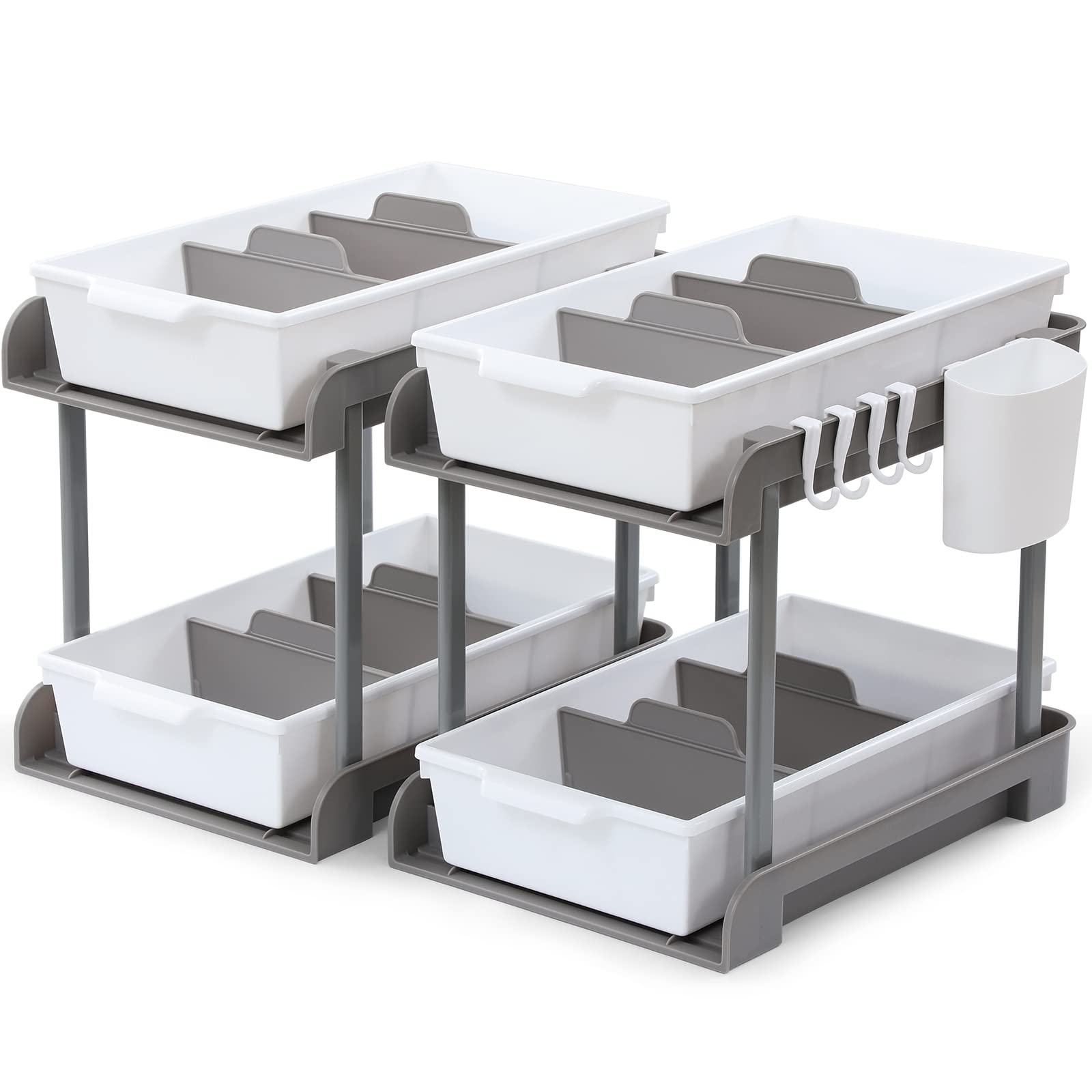 2 Set, 2 Tier Slide Out Under Sink Organizers and Storage with Removable Dividers - Undersink Cabinet Drawers for Bathroom, Kithcen Cleaning and Organization - Multiuse Home Pull Out Organizing Tray