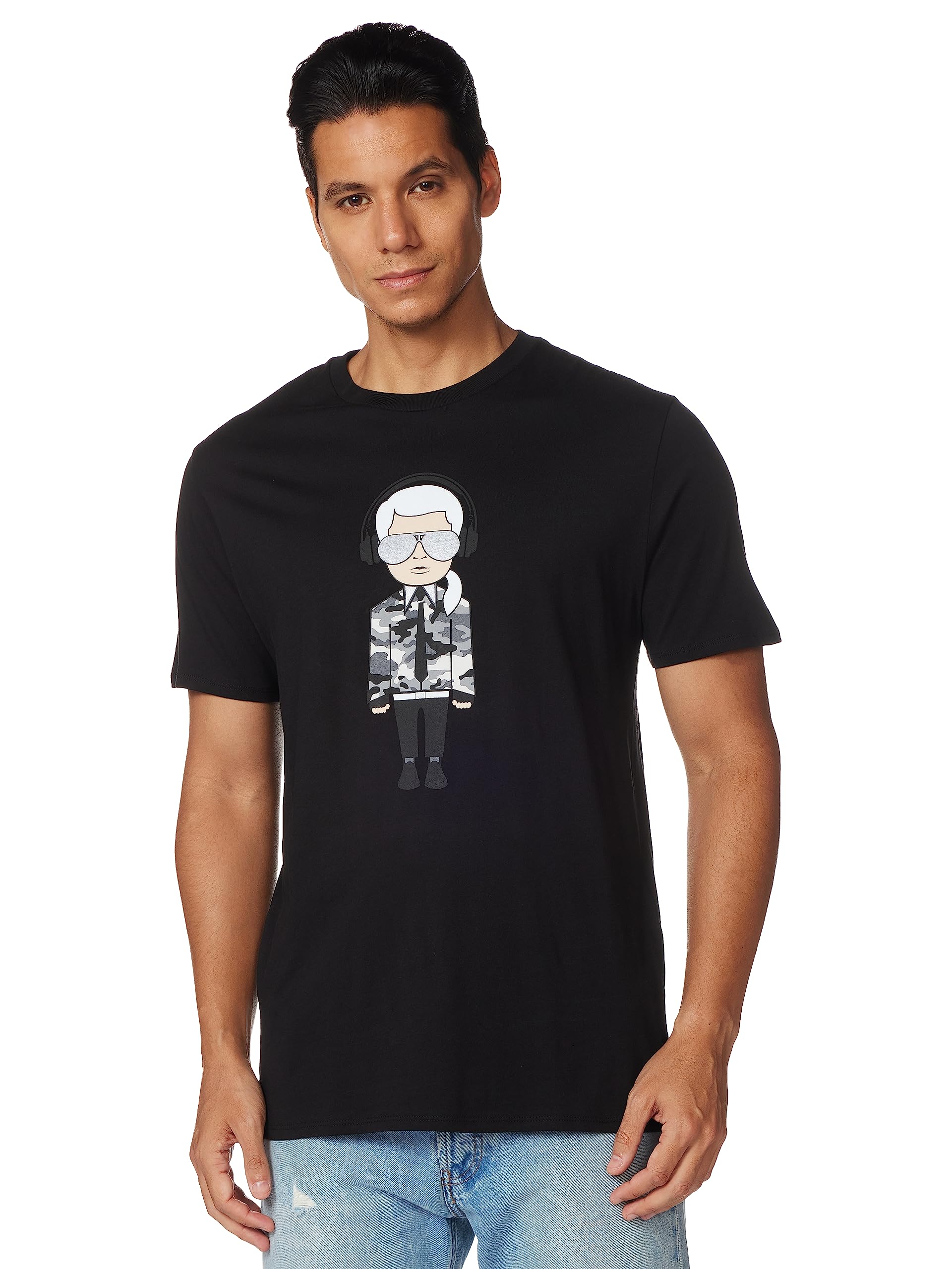 Karl Lagerfeld Paris mens Reflective Karl Chacracter With Headphones Short Sleeve Crew Neck T-shirt T Shirt, Black, Large US