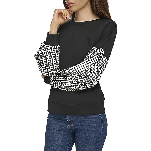Karl Lagerfeld Paris Women's Houndstooth Detail Long Sleeve Blouse, Black