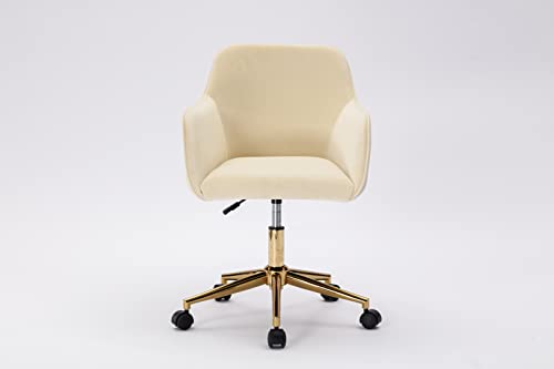 Modern Swivel Home Office Chair,Velvet Upholstered Computer Chair Desk Chair Comfortable Office Chair Adjustable 360° Swivel Office Desk Chair with Golden Base & Wheels for Home Office (Beige)