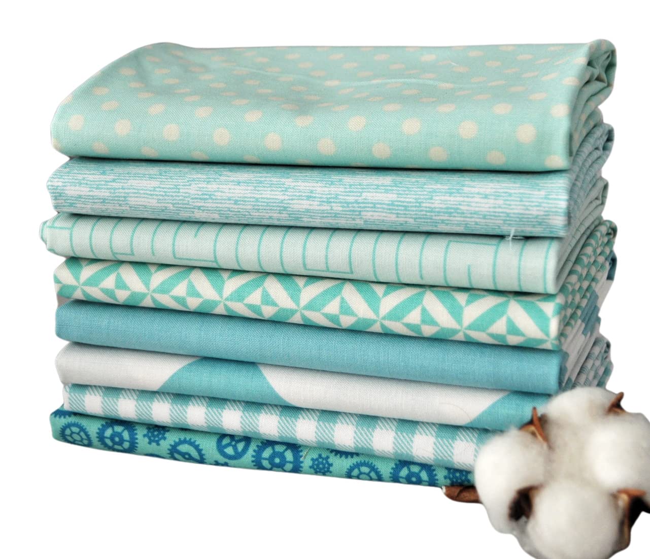 Designer Fabric Fat Quarters Bundle Aqua, 8 Pieces, 2 Yards Total, 100% Cotton