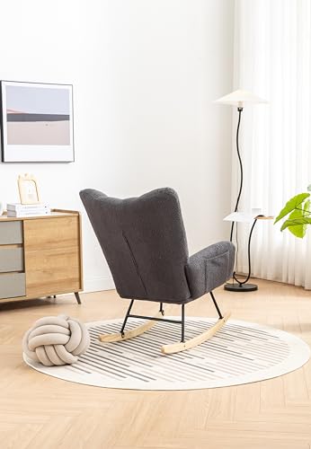 EVURU Soft Teddy Velvet Rocking Chair for Nursery - Comfy Wingback Glider with Solid Wood Base - Casual Style, Ideal for Living Room, Bedroom, or Balcony (Grey)