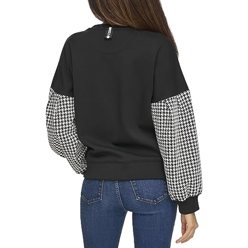 Karl Lagerfeld Paris Women's Houndstooth Detail Long Sleeve Blouse, Black