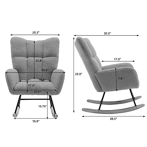 EVURU Soft Teddy Velvet Rocking Chair for Nursery - Comfy Wingback Glider with Solid Wood Base - Casual Style, Ideal for Living Room, Bedroom, or Balcony (Grey)