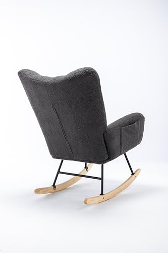 EVURU Soft Teddy Velvet Rocking Chair for Nursery - Comfy Wingback Glider with Solid Wood Base - Casual Style, Ideal for Living Room, Bedroom, or Balcony (Grey)