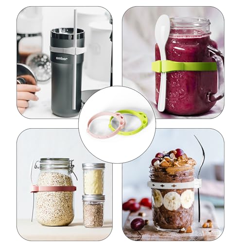 NEOHANA 6 Pack Mason Jar Spoon Straw Holder White Silicone Adjustable Hanging Scoop Ring for Overnight Oats Container Round and Square Glass Jars