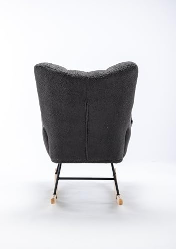 EVURU Soft Teddy Velvet Rocking Chair for Nursery - Comfy Wingback Glider with Solid Wood Base - Casual Style, Ideal for Living Room, Bedroom, or Balcony (Grey)